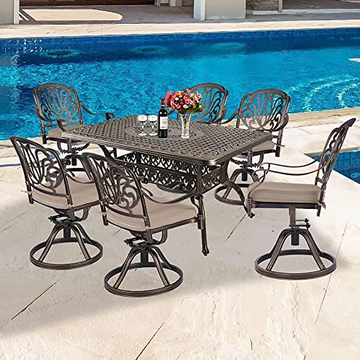 LEISU 2 Piece Cast Aluminum Bistro Dining Chair Outdoor Bistro Chairs with Khaki Cushions for Home Patio Garden Deck (2 Swivel Rocker)