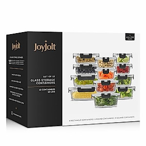 JoyJolt 24pc Fluted Glass Storage Containers with Lids. 12 Airtight, Freezer Safe Food Storage Containers, Pantry Kitchen Storage Containers, Glass Meal Prep Containers for Lunch