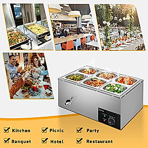 Winado 110V 6-Pan Commercial Food Warmer, 19QT Electric Steam Table 6 Inch Deep, 1200W Countertop Stainless Steel Food Soup Buffet w/Temperature Control & Lid for Catering, Restaurant, Party