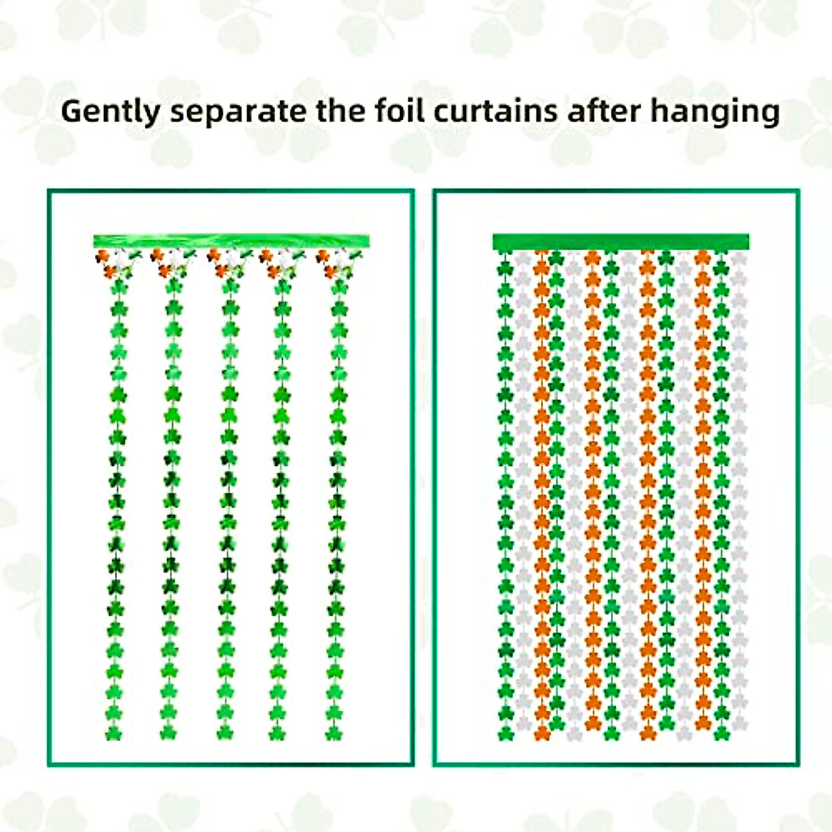 LOLStar 2 Pack St Patricks Day Foil Fringe Curtains St. Patrick's Day Party Decorations 3.3x6.6 ft Shamrock Green White Orange Tinsel Curtain Photo Booth Prop Streamers Backdrop for Irish Party Decor