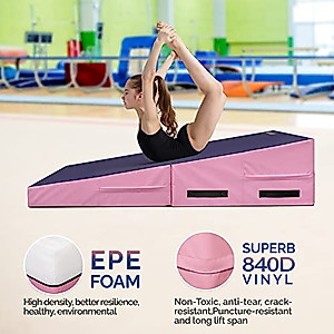 Matladin 55"x28"x14" Folding Gymnastics Cheese Wedge Incline Mat, Gym Fitness Tumbling Skill Shape Mat for Kids Girls Home Training Exercise (55"x28"x14", Purple+Pink)