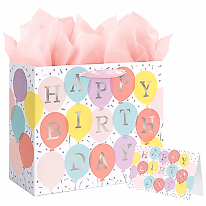 13" Large Happy Birthday Gift Bag with Tissue Paper and Card for Girls Kids Women Birthday (Colourful Balloon)