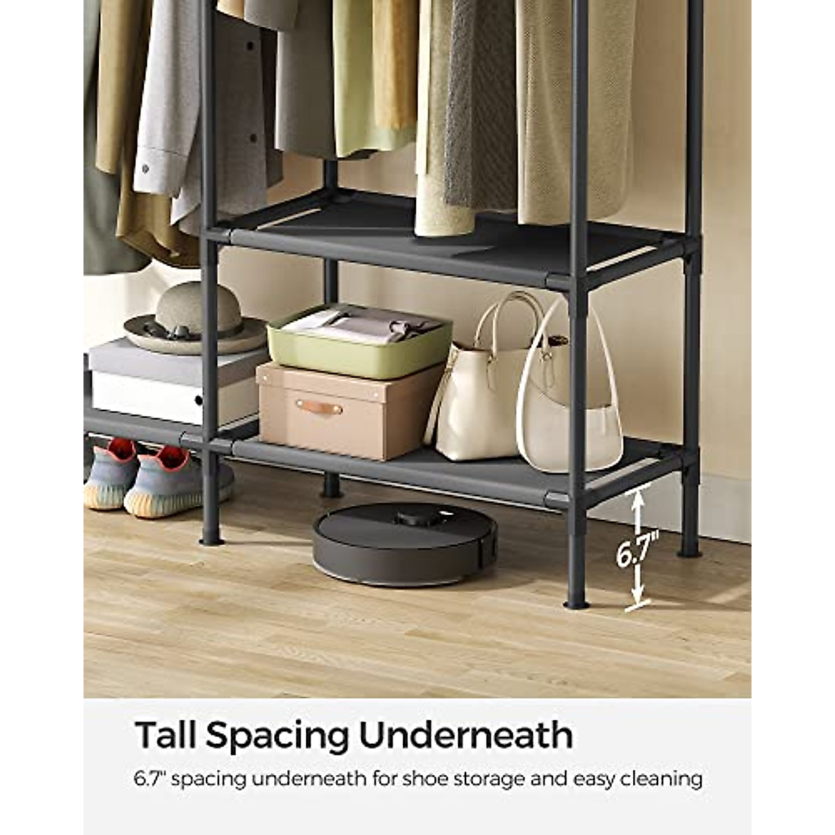 SONGMICS Garment Rack Heavy Duty Clothes Rack, 65 Inch Freestanding Portable Wardrobe Closet with Hanging Rails and Shelves, Total Load 242 lb, Easy Assembly, for Cloakroom, Bedroom, Black URDR201B02