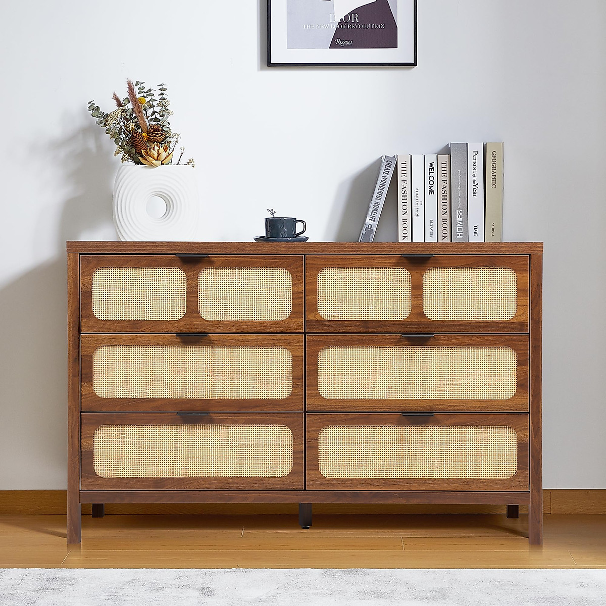QEIUZON 6 Drawer Dresser, Modern Rattan Dresser Chest with Wide Drawers and Metal Handles, Farmhouse Wood Storage Chest of Drawers for Bedroom, Living Room, Entryway (Walnut-6 Drawers)