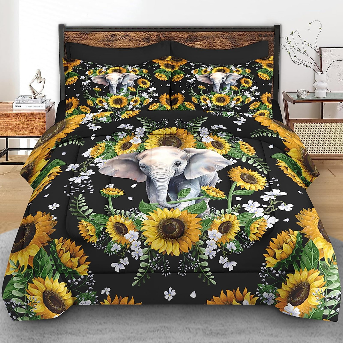 Pinbeam 7 Pcs Comforter Set Full Size, Elephant Animal Cute Bed in a Bag with Flat Sheet and Fitted Sheet for Kids and Adults, Sunflower Flower Yellow Bedding Set with Pillowcase & Sham