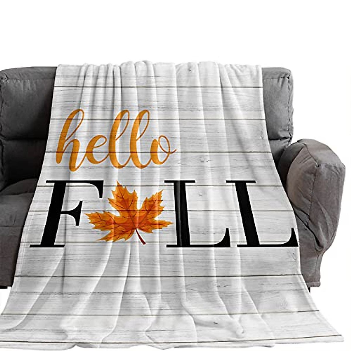 SSEVITEY Flannel Fleece Throw Blanket for Couch Bed Sofa Travel AutumnThanksgiving Maple Leaves on Wooden Fuzzy Soft Lightweight Blankets Plush Warm Cozy Bedspread Throws Hello Fall Quote 40x50in