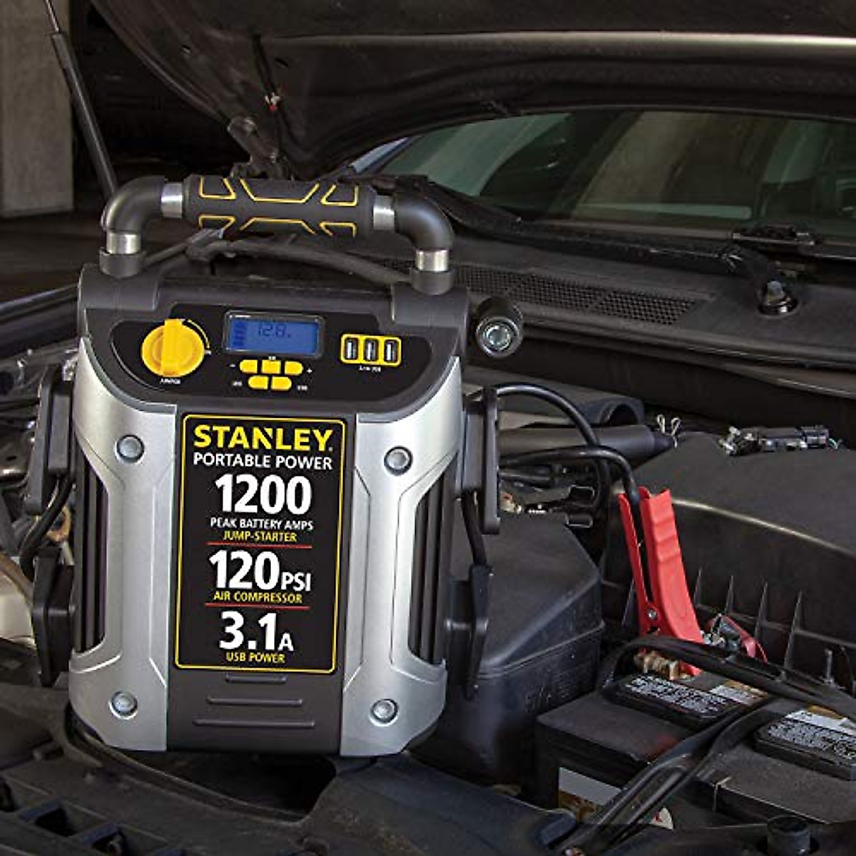 STANLEY J5C09D Digital Portable Power Station Jump Starter: 1200 Peak/600 Instant Amps, 120 PSI Air Compressor, 3.1A USB Ports, Battery Clamps