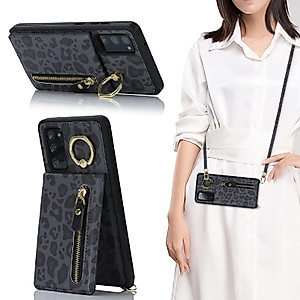 Jaorty for Samsung Galaxy S20 FE 5G Phone Case for Women with Card Holder,Galaxy S20 FE Case Wallet Crossbody Lanyard with Strap,Credit Card Slots Kickstand Case with Ring Holder,6.5",Black Leopard