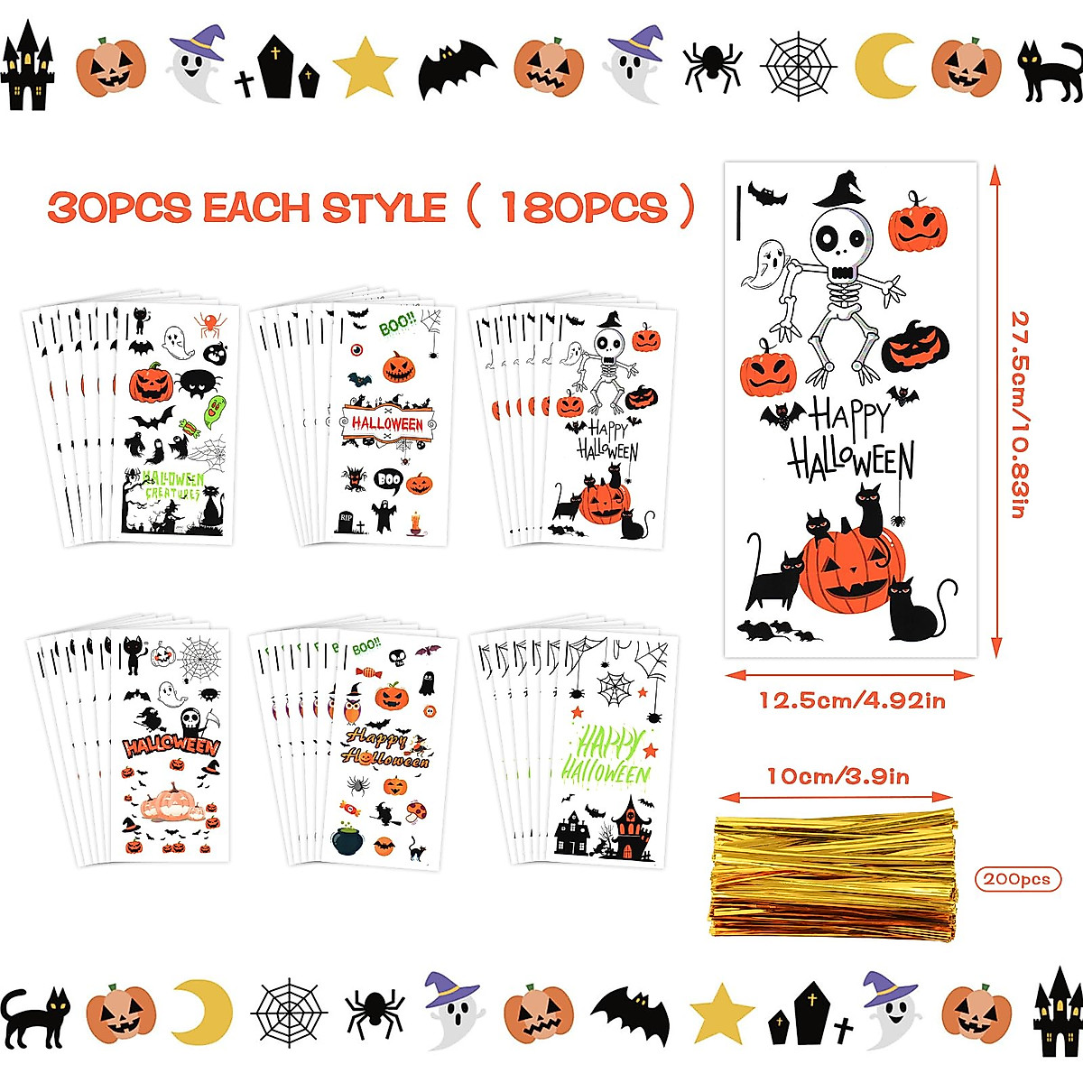 TOEKSIX Halloween Cellophane Treat Bags, 180pcs Halloween Trick or Treat Goodie Bags with 200pcs Gold Twists for Snacks Cookies Candies Packing, Skeleton Man Halloween Candy Bags Party Favor Supplies