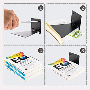 VASGOR Set of 4 Invisible Floating Bookshelf, Heavy Duty Wall Mounted Book Shelf Organizer, Wall Mount Metal Shelves Holder for Books (4, Black)