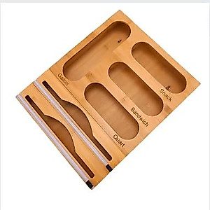 The Boodha Ziplock Bag Organizer with Wrap Dispenser – 6-in-1 Foil and Plastic Wrap Organizer with Cutter, Baggie Organizer for Sandwich, Snack, Gallon, Quart Bags – Bamboo Kitchen Drawer Organizer