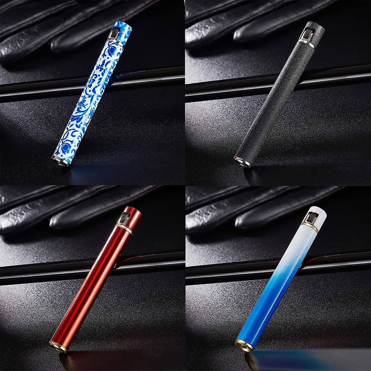 2pcs Torch Lighter, Mini Cylindrical Strip Refillable Gas Lighter, Portable Adjustable Soft Flame Lighter for Kitchen, Indoor,Outdoor,Grill,Camping(without Butane Gas)-Blue White Porcelain/Blue White