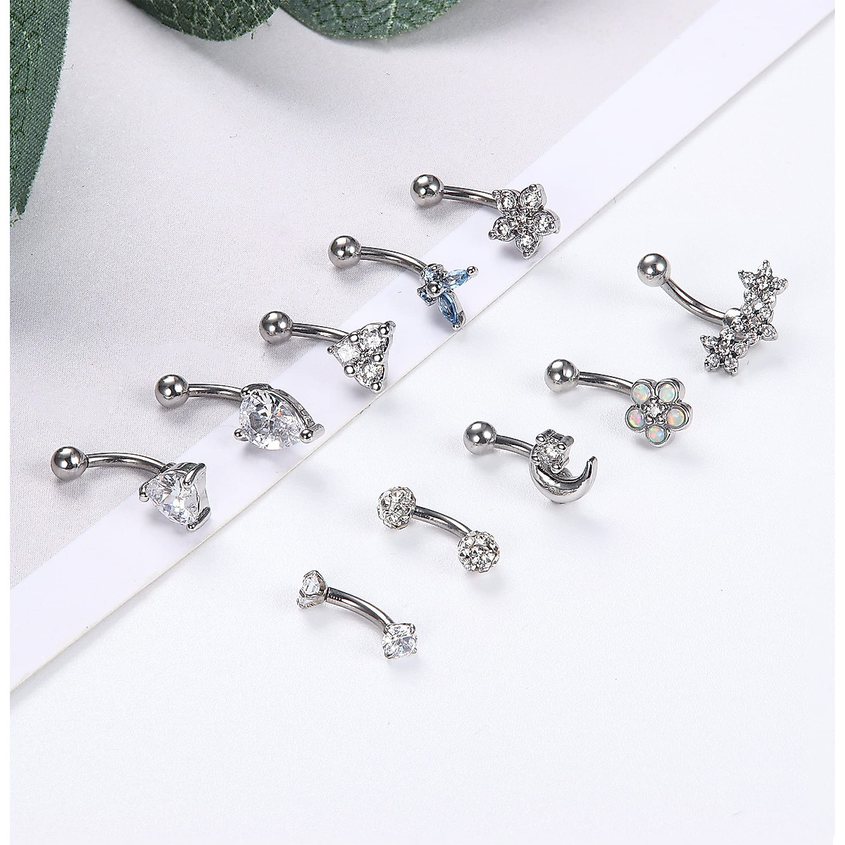 THUNARAZ 16G Rook Daith Earrings for Women Surgical Steel 6mm Eyebrow Rings Inlaid CZ Opal Turquoise Belly Lip Ring Cartilage Surface Tragus Piercing Jewelry 10 Pcs