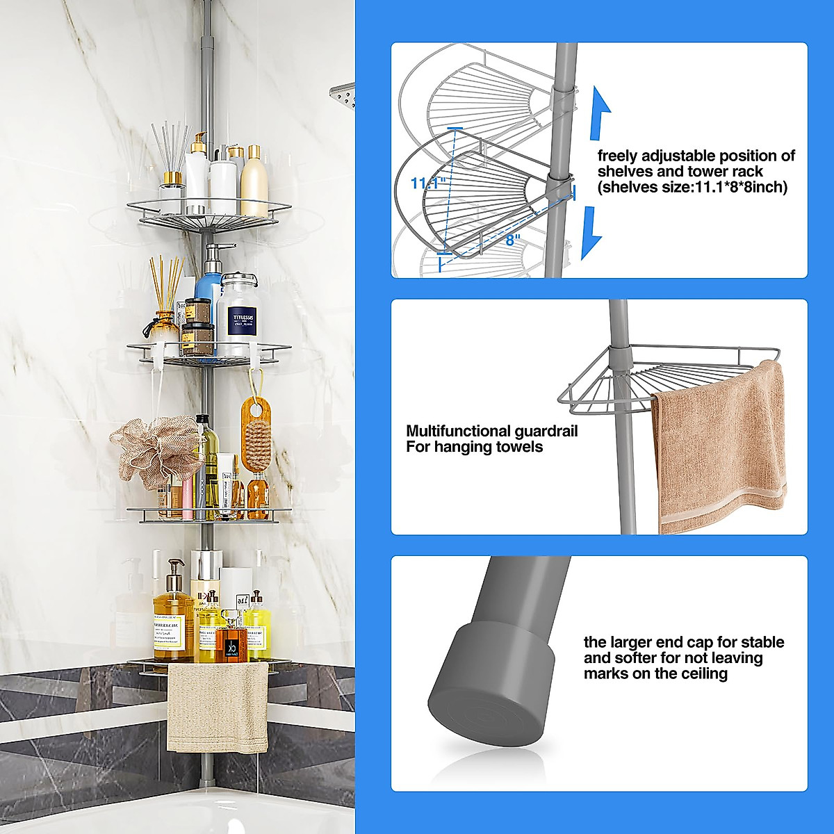 AIYAKA Tension Corner Shower Pole Caddy, Bathroom Storage Organizer, 65 to 106 inch Adjustable Height, with 2 Hooks, Silver