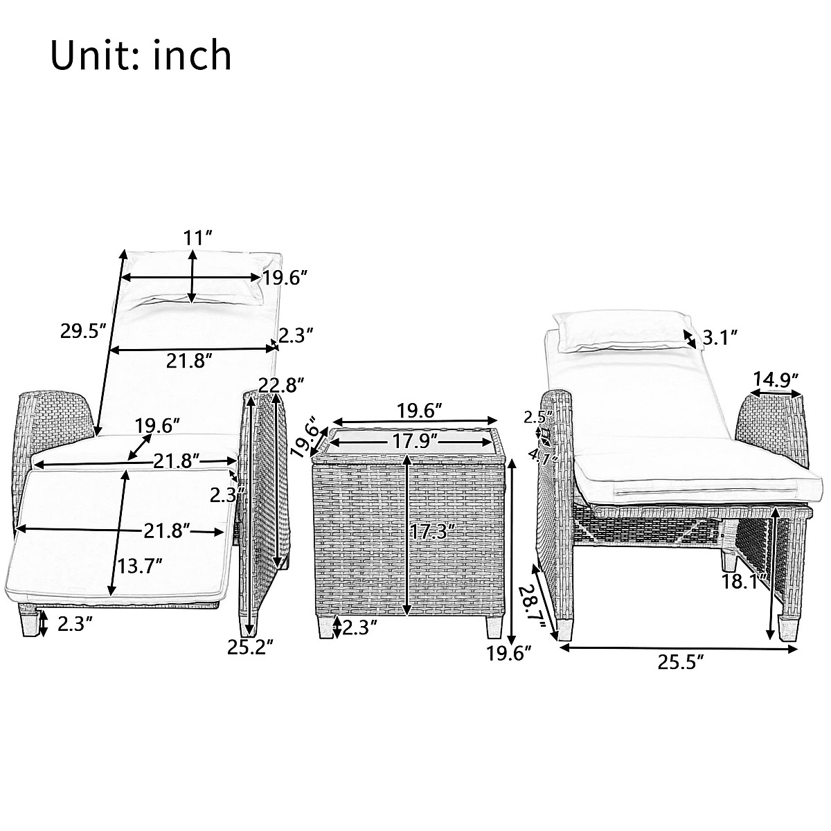 LUMISOL Outdoor Recliner Chairs Set of 2, 3 Piece Rattan Sofa Set, Patio Rocking Chairs Set with Adjustable Footrest, Outdoor Rattan Reclining Chairs with Table & Pillow for Backyard, Porch (Grey)