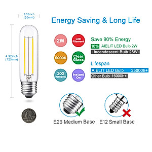 AIELIT E26 LED Tubular Light Bulb 25 Watt Equivalent, Bright White 5000K, 200 Lumens, 2W Daylight DimmableT10/T30 Edison LED Filament Bulbs for Chandelier, 4-Pack