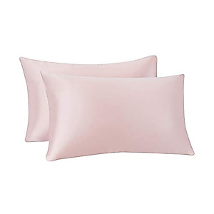 Amazon Basics 100% Polyester Satin Pillowcases for Hair and Skin, Envelope Closure - Blush, Standard, Pack of 2, 26"L x 20"W