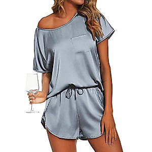 Ekouaer Womens Satin Pajamas Shorts Set Silky Short Sleeve Sleepwear Nightwear Pj Set Grey M