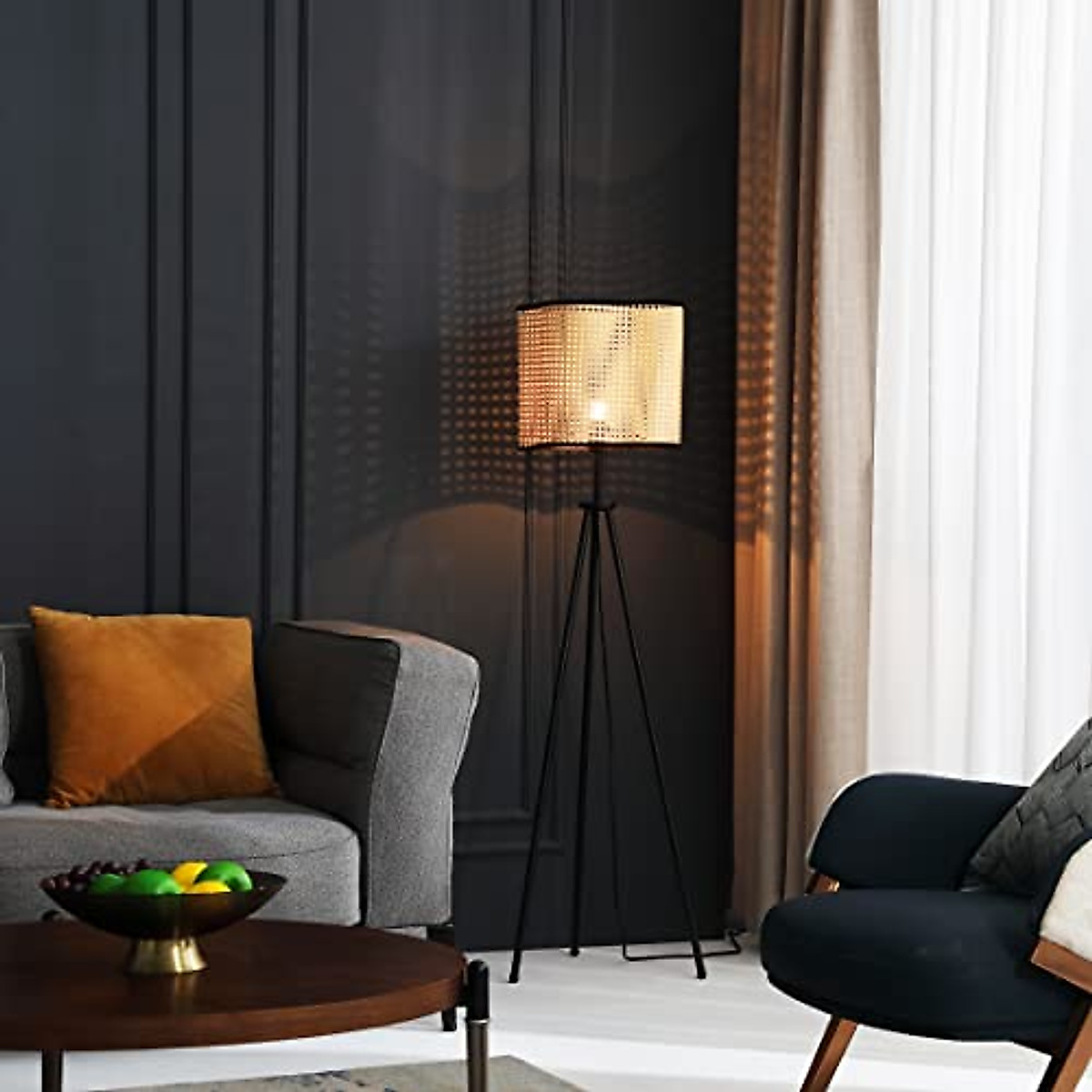 VidaLite Gal - Mid Century Bohemian Tripod PVC Rattan Shade and Velvet Boho Rim for Bed Dining, Kitchen, Living Room, Floor Lamp