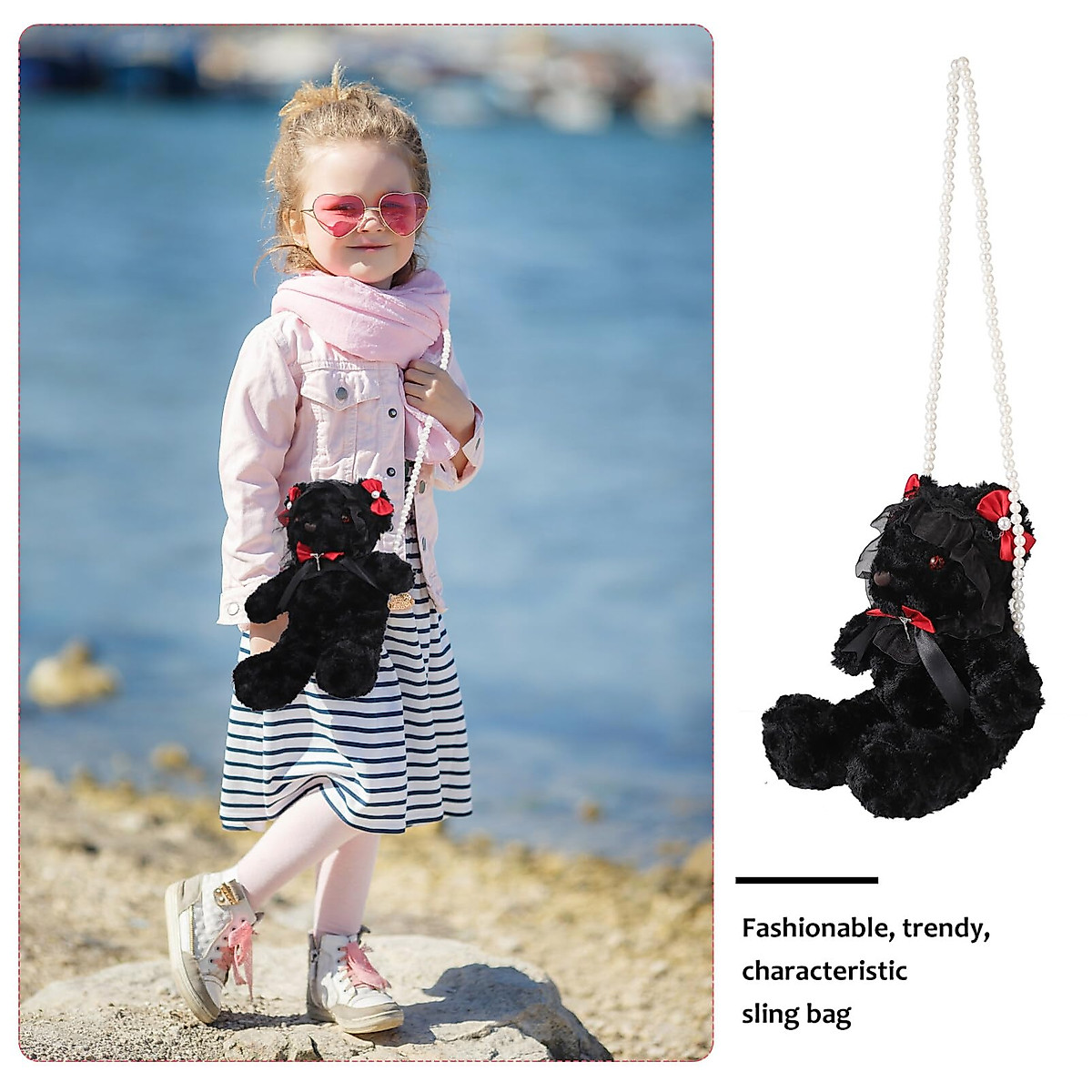 Amosfun kawaii purse gothic lolita bag purses decor dress bear- Plush Doll Sling Bag Lovely Lace Bear Crossbody Bag Chic Small Shoulder Bag for- Women- Ladies Girls (Black)