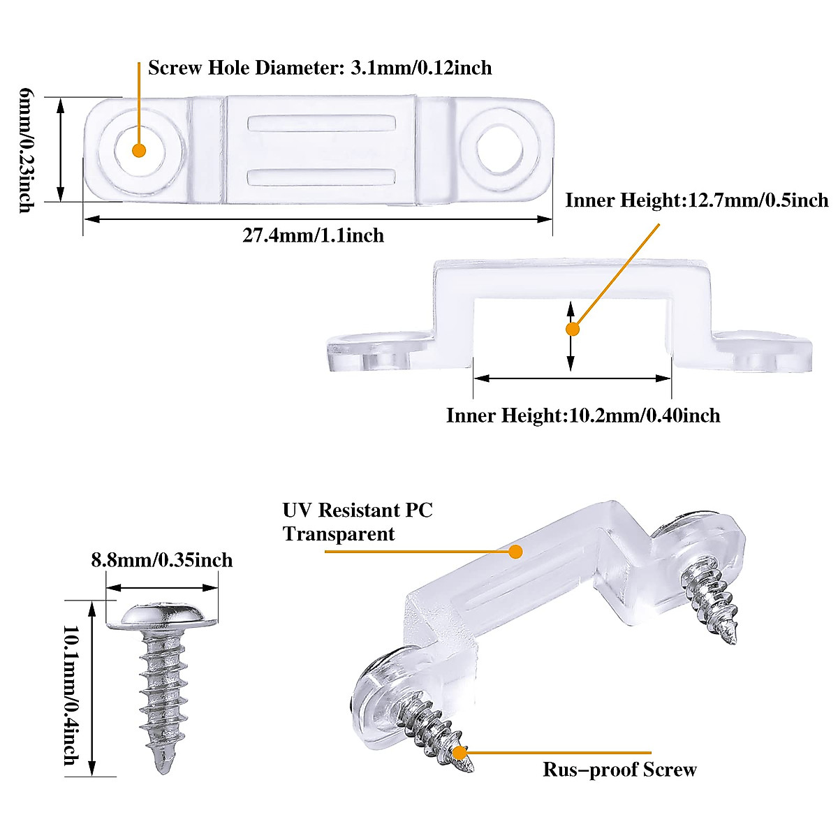 Qunclay 100 Pieces LED Light Hangers LED Light Clips Strip LED Light Holder Clear Tape Clamp Outdoor Light Fixed Clips with 200 Pieces Screws for 12 mm Wide Ip67/68 Strip Lights