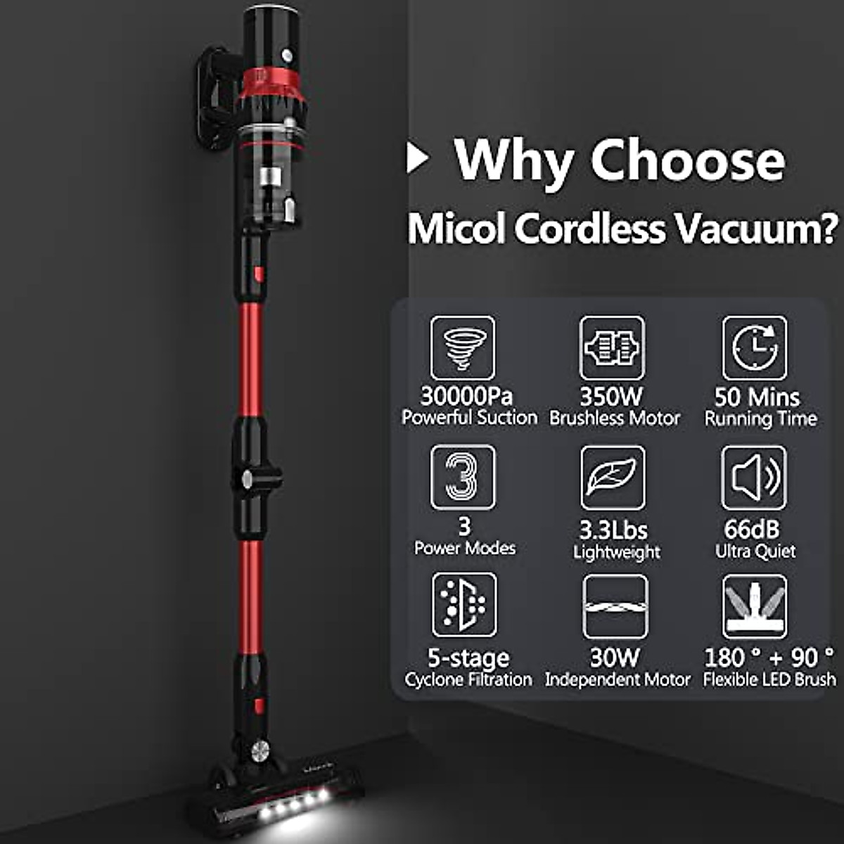 Micol Cordless Vacuum Cleaner, Lightweight Stick Vacuum Cleaner with 30Kpa, Max 50min Runtime, 350W Brushless Motor, LED Display, 6 in 1 Handheld Vacuum Cleaner for Hard Floor Carpet Car Pet Hair, Red
