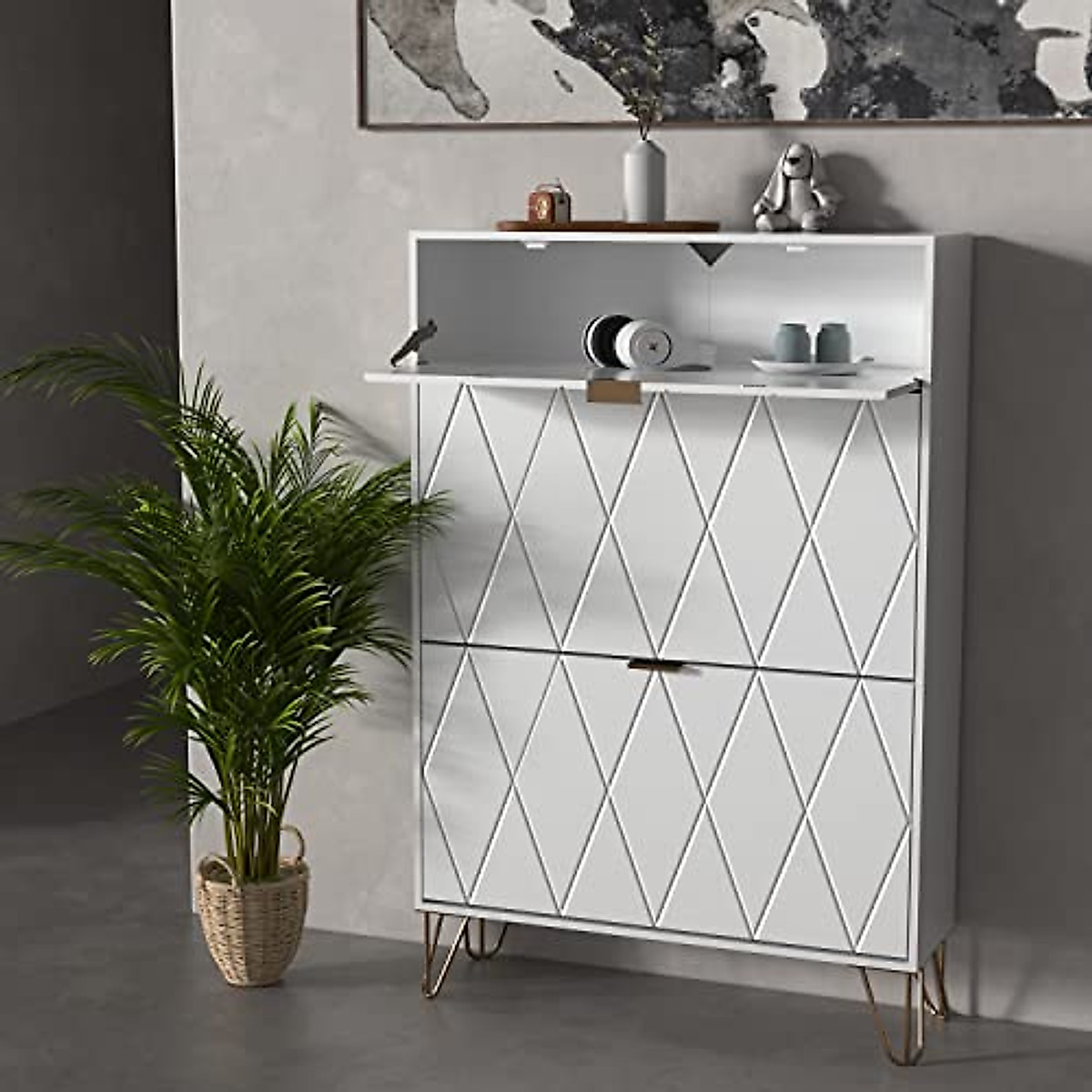 UEV Shoe Cabinet,Freestanding Shoe Rack Storage Organizer with Drawers & Metal Legs,Modern Shoe Storage Cabinet with 3 Flip Drawers for Entryway (White)