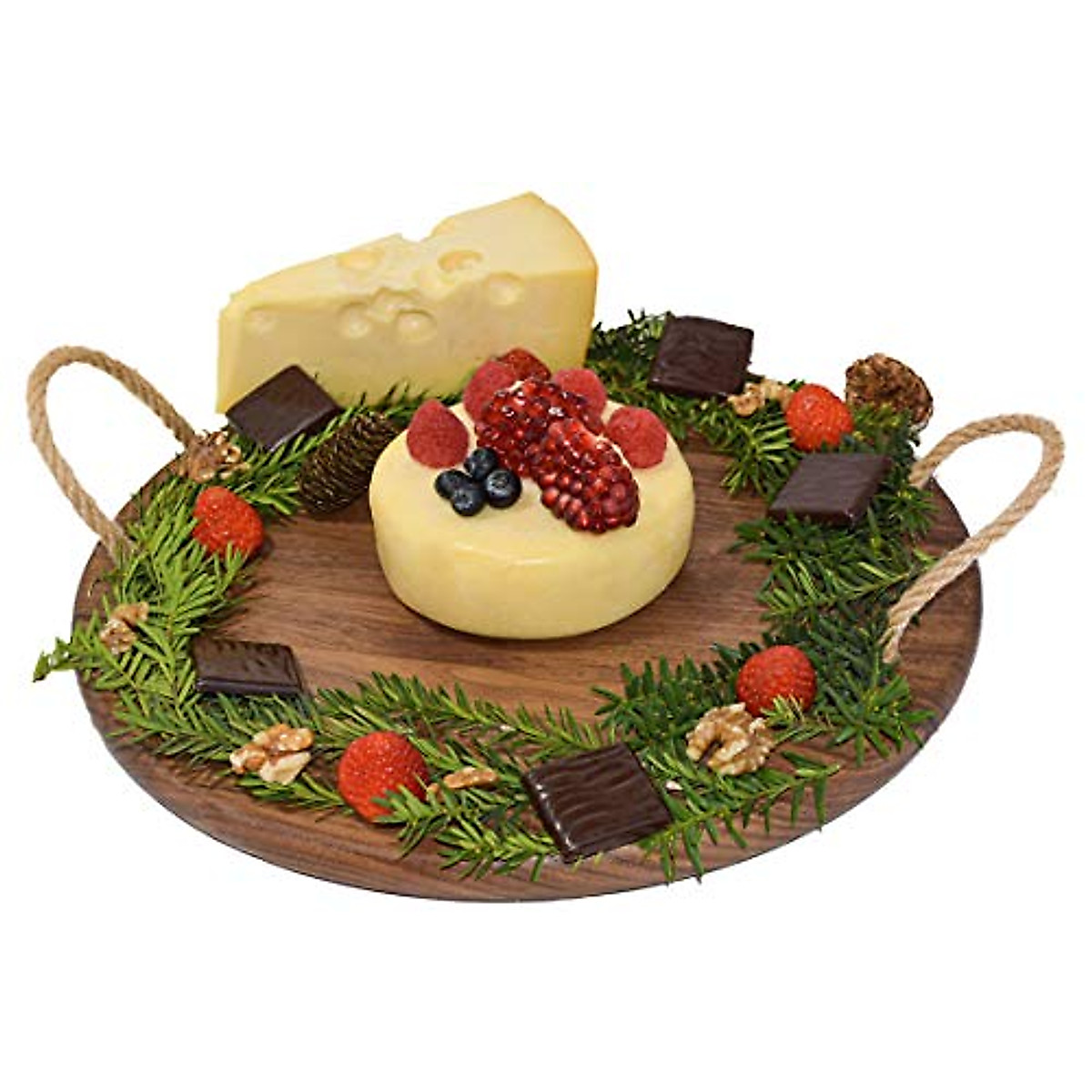 WALUX Organic Black Walnut Wood Cheese Board with Handle (14"), Charcuterie Platter & Serving Tray for Wine, Crackers, Brie and Meat. Rustic Black Walnut Serving Board, Round Cheese Board