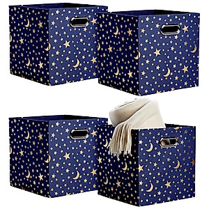 Okuna Outpost 4 Pack Star Storage Cubes, Collapsible Foldable Fabric Organizer Baskets for Clothes, Toys, Gold Moons and Stars (11 In)