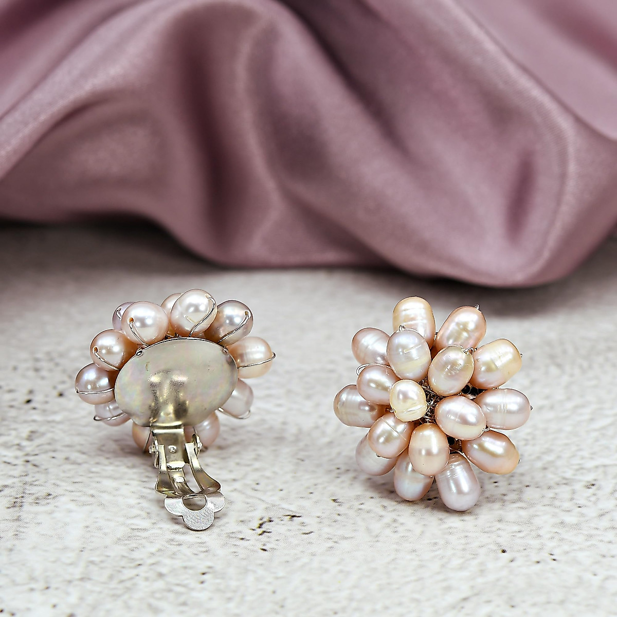 AeraVida Pretty Cultured Freshwater Pearl Cluster Pink Flower Clip-on Earrings | Elegant Handmade Jewelry for Women | Statement Earrings