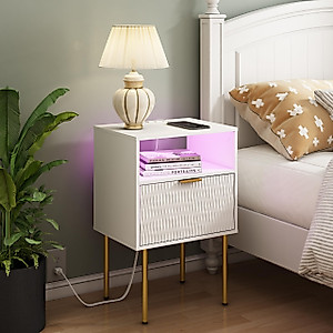 Modern Nightstand with Charging Station and LED Lights, White Nightstand with Drawer, Fluted Nightstand for Living Room, Bedroom