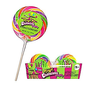 Giant 4.25 Ounce Sour Carnival Lollipop with multi swirl colors with carnival pop label - 12 Count Display Box