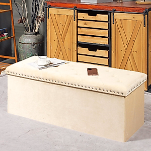 PINPLUS Folding Storage Ottoman Bench, Folding Velvet Tuffed Foot Rest Stool with Rivet, End of Bed Bench Large Long Toy Shoes Chest for Bedroom Entryway Living Room, Beige, 41.3 Inches