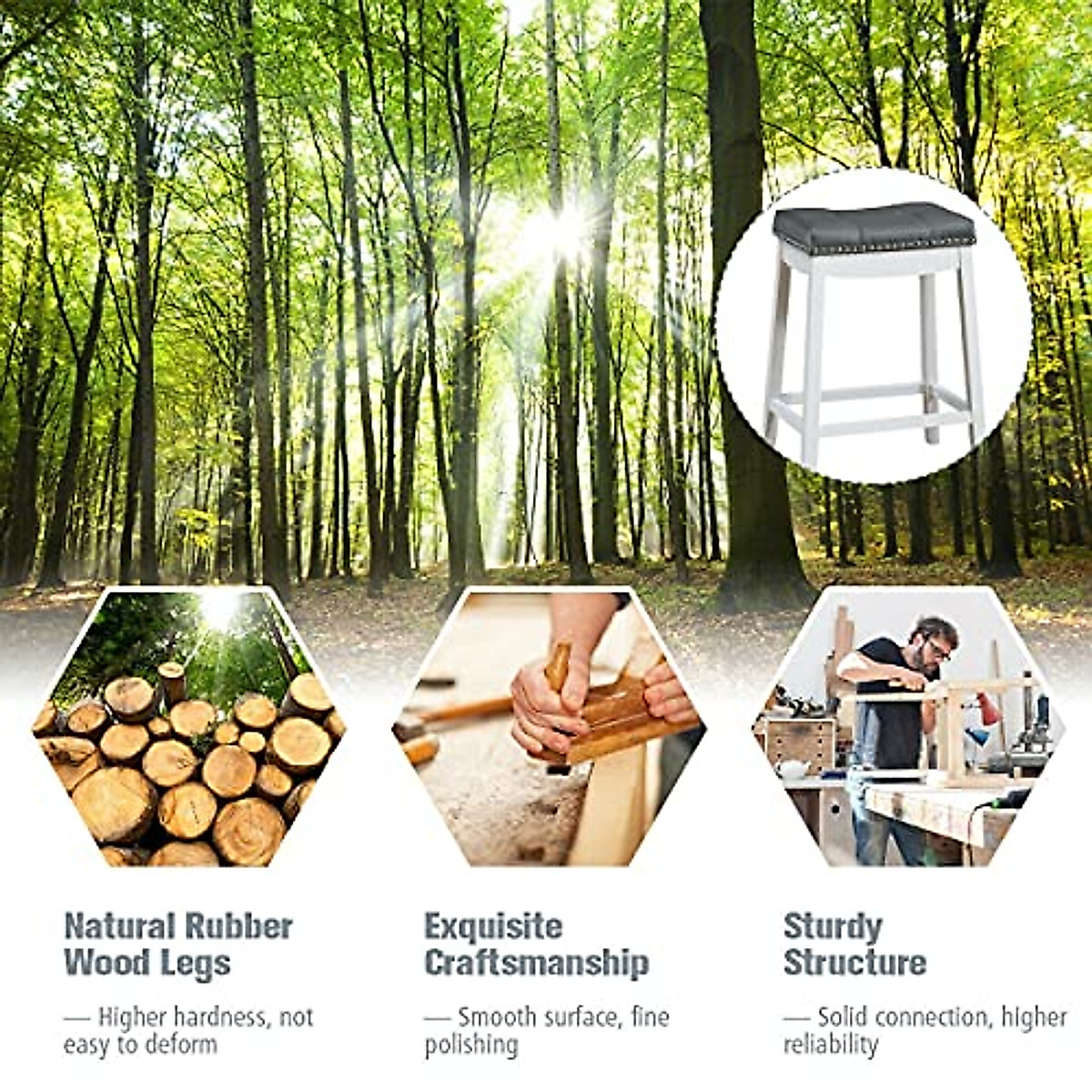 ERGOMASTER Set of 4 Cambridge Bar Stools, 24 Inch Counter Stools, Solid Wood Legs Espresso with Gray PU Cushion for Kitchen Living Room and Bar (Set of 4,24Inches White Leg