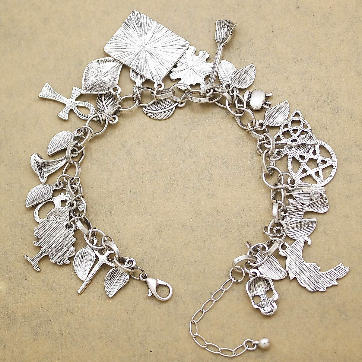 RechicGu Vintage Silver Mythology Fairytale Lucky Charms Cuff Bangle Bracelet Cross Leaf Moon Face Celtic Cat