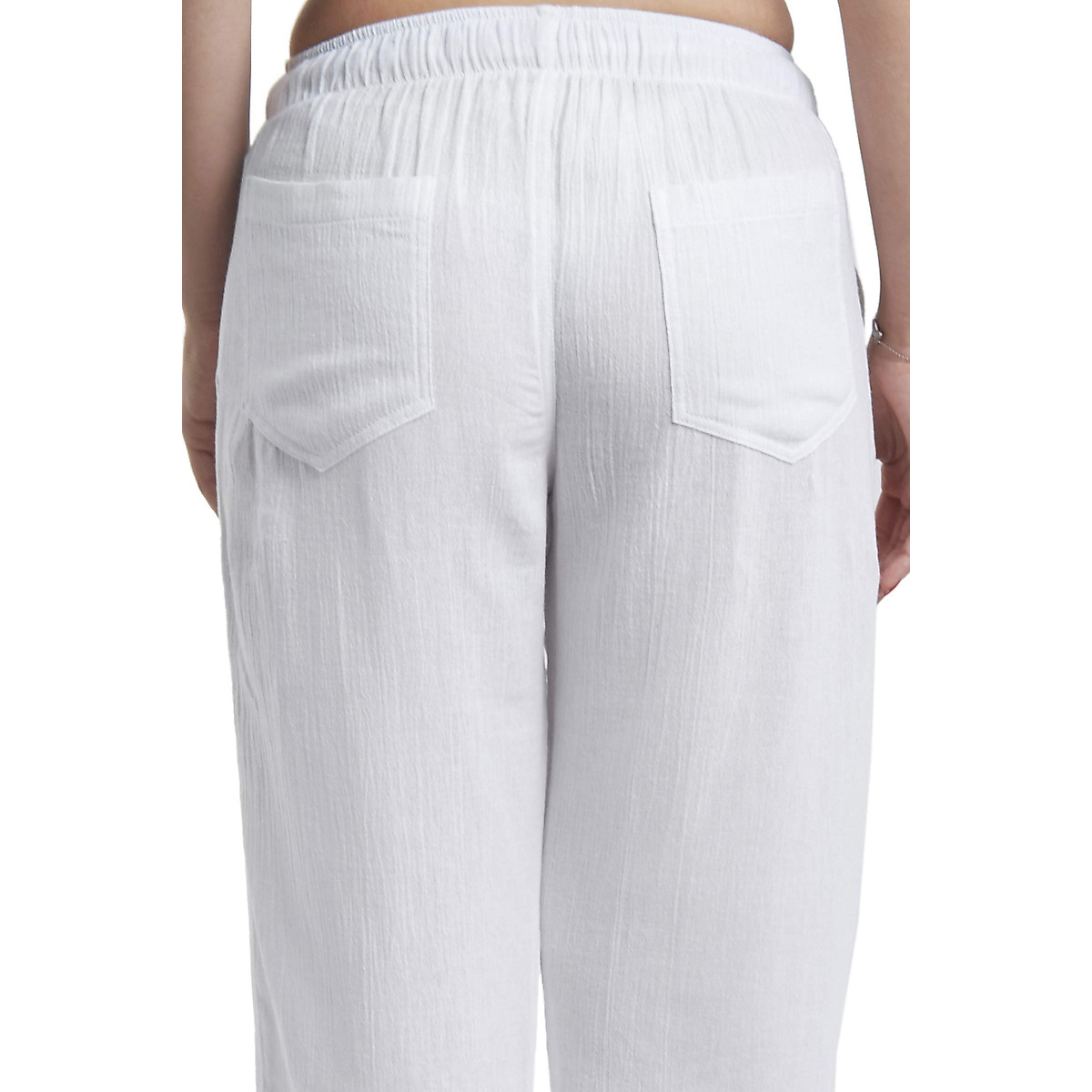 J CE Women's Cotton Gauze Low Waist Beach Pants with Pockets (White, XXXL)