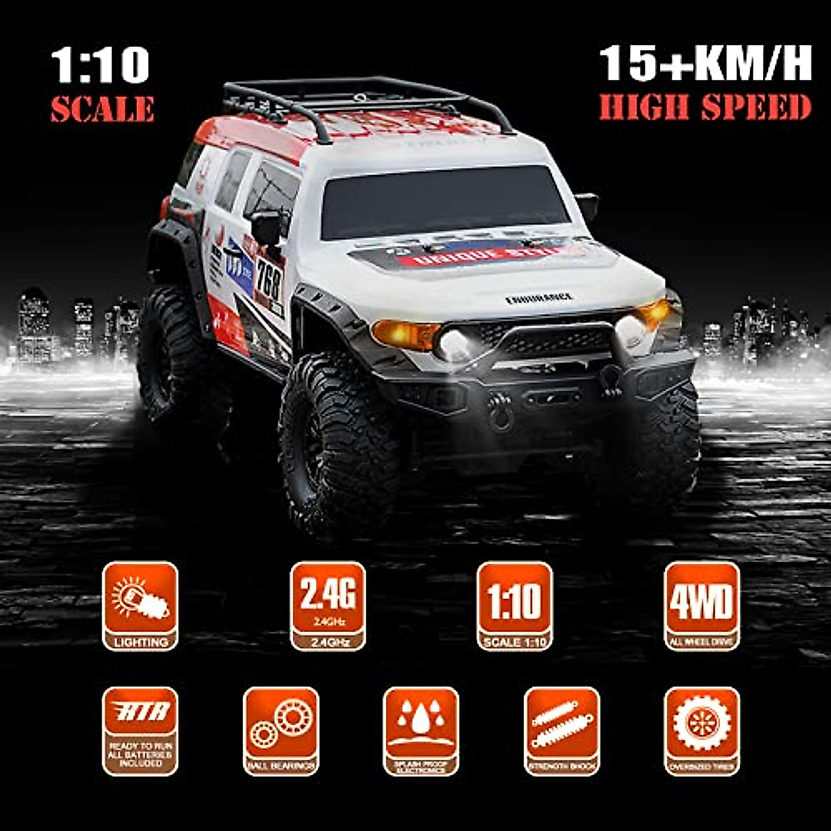 Desdoni RC Cars RC Crawler 1/10 Scale RTR Remote Control Car 4WD 2.4GHz Brushed Offroad Racing Hobby Grade Model Vehicle with LED Lights 2Pcs Battery Toy for Kids and Adults