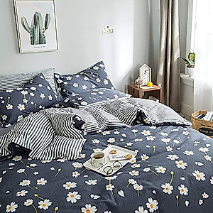 BuLuTu Navy Queen Comforter Cover with Daisy Queen Duvet Cover Set Floral Pattern for Girls 100% Cotton Comforter Cover for Teens,Girls,Ultra Soft Breathable Lightweight