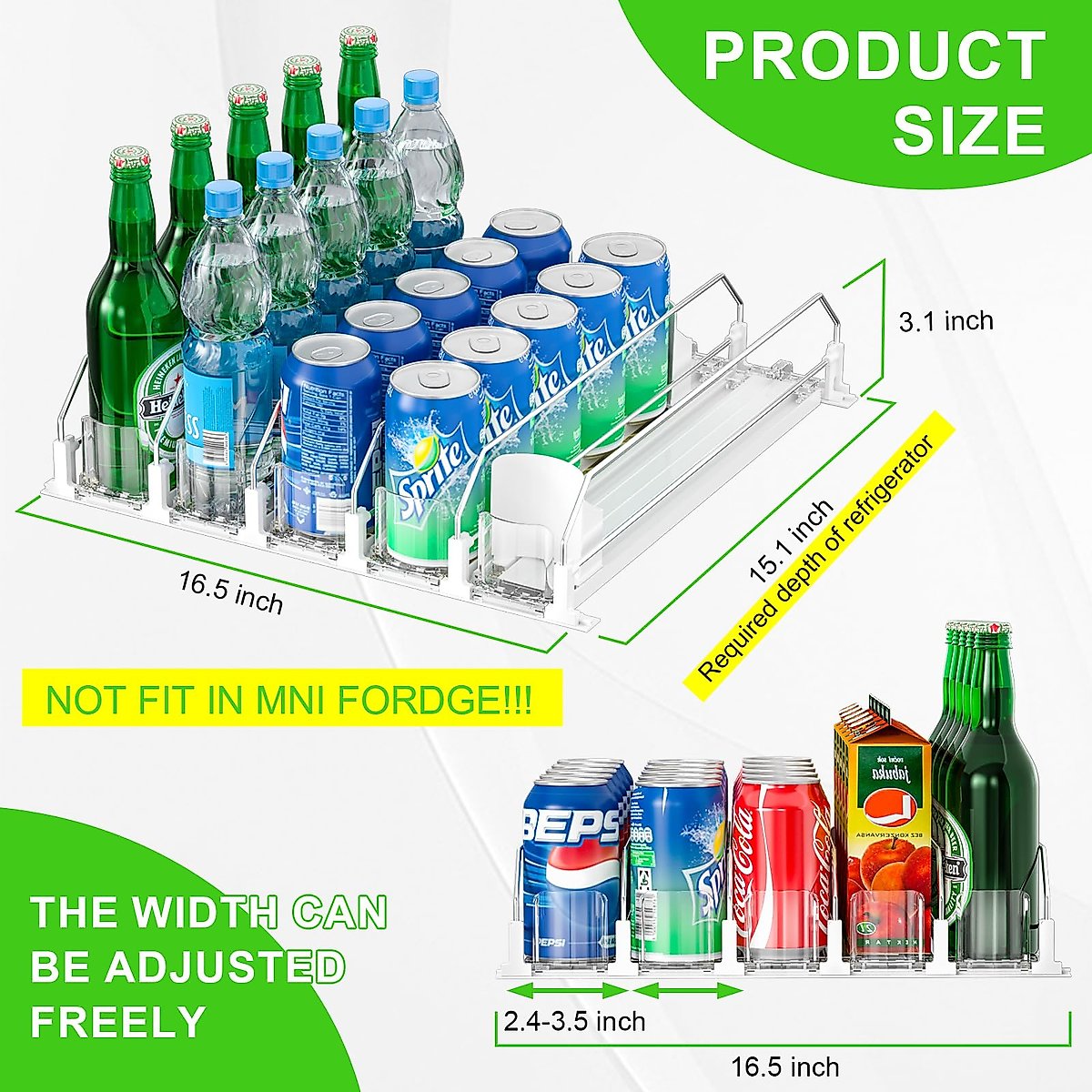 KUUKIKV Drink Organizer for Fridge, Upgraded Soda Can Dispenser for Refrigerator, Automatic Pusher Glide and Adjustable Width Can Organizer for Refrigerator - Holds up to 25 Cans (5 Rows White)