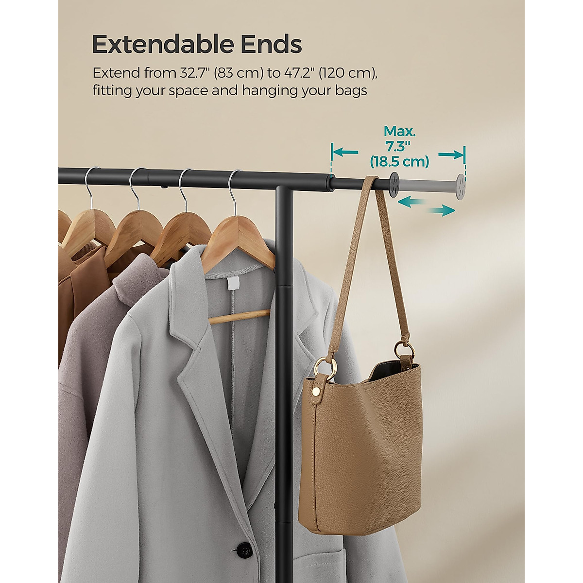 SONGMICS Clothes Rack, Clothing Rack for Hanging Clothes with Wheels, Garment Rack with Extendable Hanging Rail, 99 lb Total Max. Load, 15.7” x 32.7”-47.2” x 61.4”, Ink Black UHSR134B01