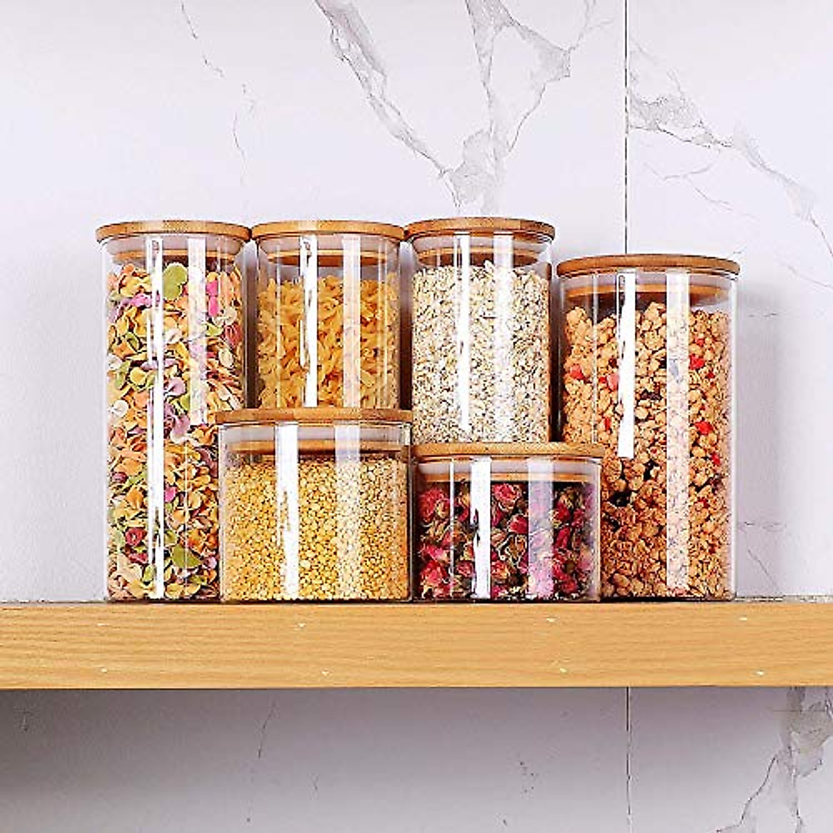ComSaf Airtight Canisters for Bulk Food Storage Set of 3-17/22/43oz, BPA Free High Borosilicate Glass Cookies Jar with Bamboo Lid, Cylinder Cereal Container with Sealing