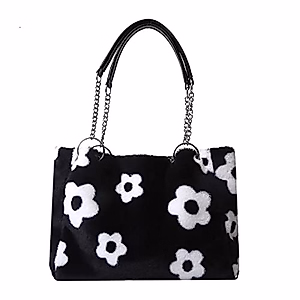 Women Girls Furry Shoulder Bag Fluffy Tote Bag Cute flowers Furry Underarm Bag