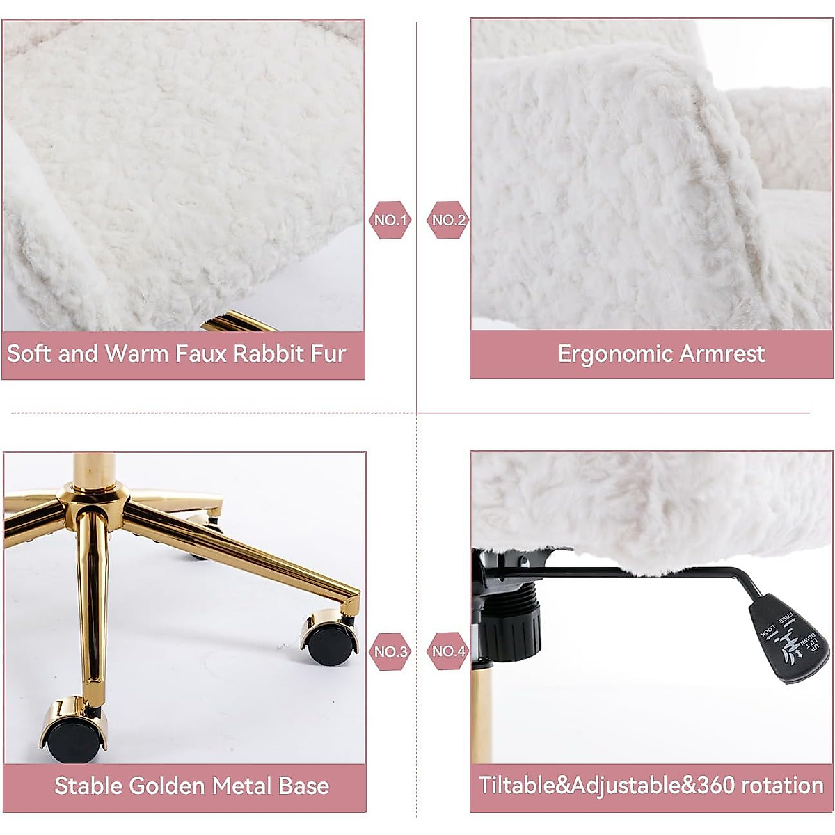 White Faux Fur Home Office Chair,Upholstered Elegant Desk Chair Makeup Vanity Chair for Girls,Swivel Desk Chair with Gold Base,Height Adjustable Tiltable Computer Chair,Cute Desk Chair for Kids