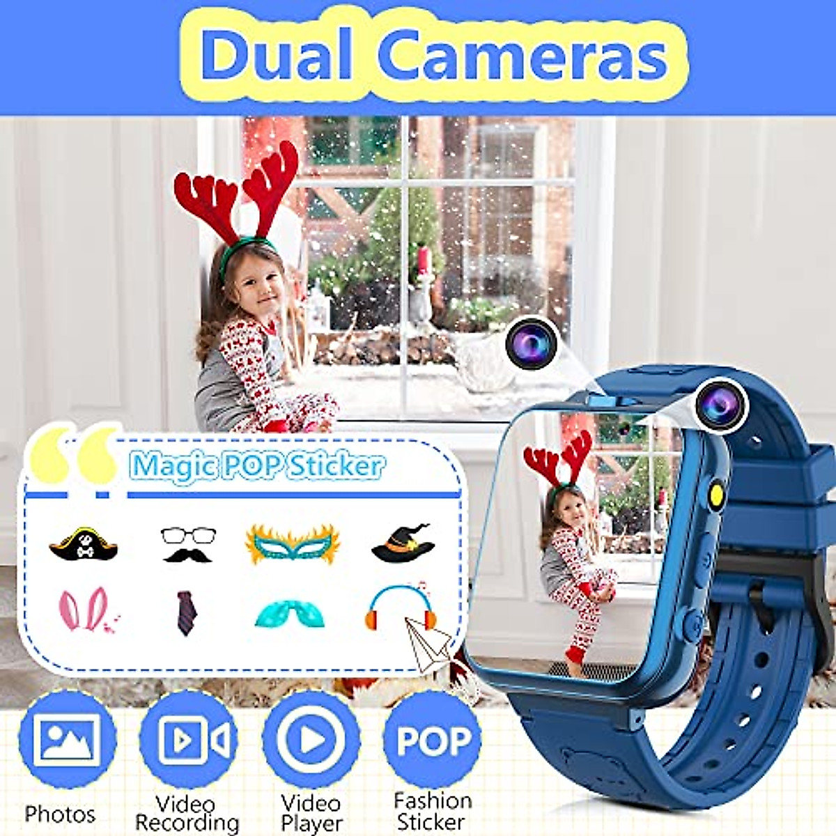 Smart Watch for Kids Girls Boys, Kids Watches with Dual Cameras 24 Learning Games Music Video Pedometer Alarm Calculator Watches, Gift for 3-10 Years Olds Girls Boys(Blue)