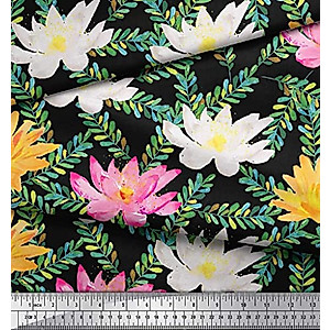 Soimoi Black Cotton Canvas Fabric Leaves & Water Lily Floral Print Print Fabric by The Yard 44 Inch Wide