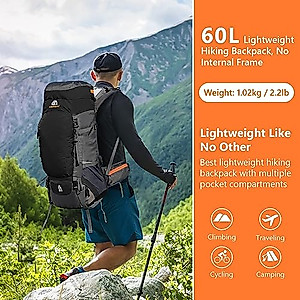 Unineovo 60L Lightweight Hiking Backpack with Rain Cover, Outdoor Sport Waterproof Travel Daypack for Climbing Camping Touring (Black)