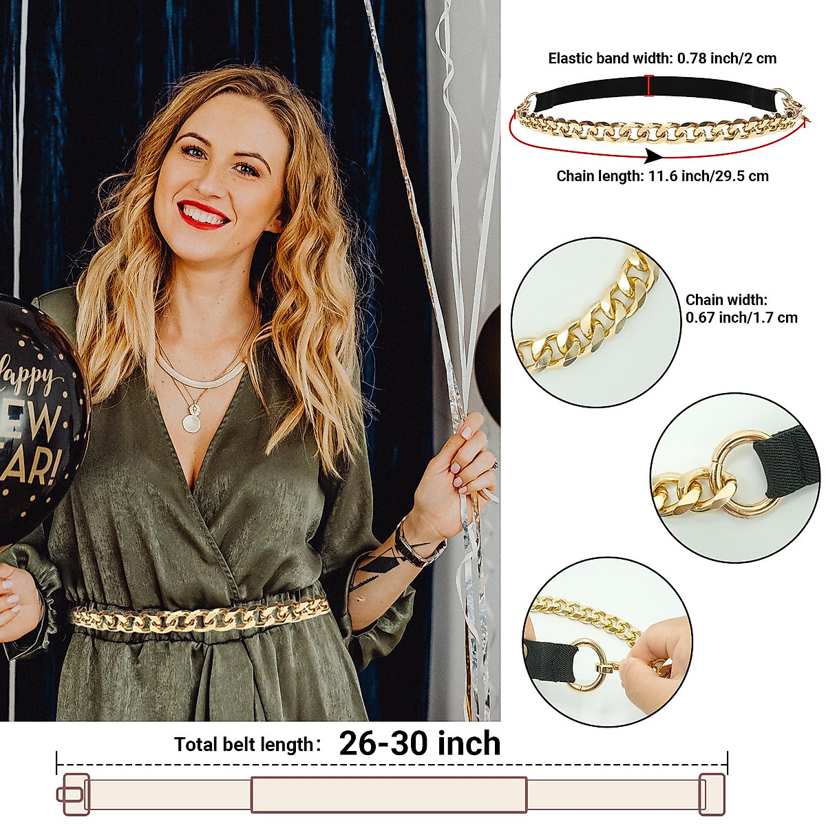 CONEHOY 5 Pcs Women Gold Metal Belts - Adjustable Metal Waist Belt - Skinny Elastic Belt - Wide Chain Strap Stretch Ladies Waistband for Dress