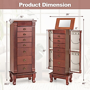 Giantex Standing Jewelry Armoire Cabinet Storage Chest with 7 Drawers, 2 Side Doors, 12 Necklace Hooks, Makeup Mirror and Top Divided Storage Organizer, Large Standing Jewelry Armoire