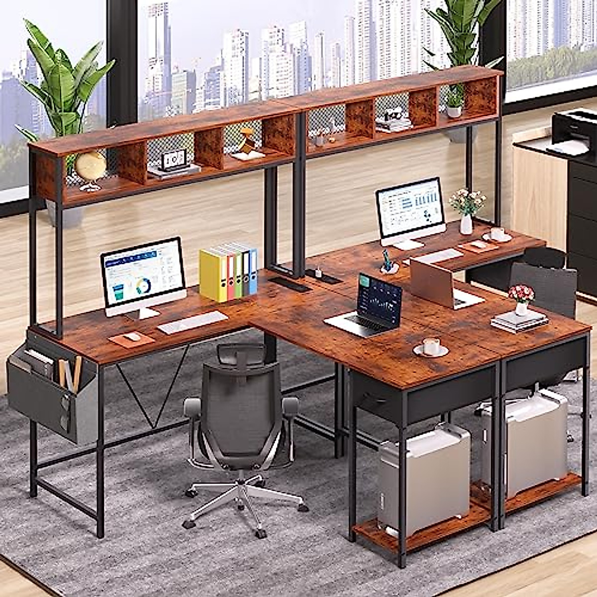 Yoobure L Shaped Desk with Power Outlet, Reversible L Shaped Computer Desk with Storage Shelf and Drawer, Corner Desk with Storage Bag, 2 Person Home Office Desk, Industrial Gaming Desk with USB Ports