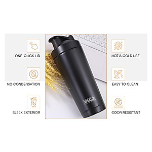 WAASS Double Wall, Stainless Steel Vacuum Insulated Protein Shaker Bottle with Mixer Ball for Gym - Leakproof One-Click Lid - BPA-Free Metal Smoothie Cup for Hot & Cold Drinks (Black)